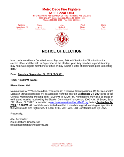 Notice of election | Metro Dade Firefighters Local 1403